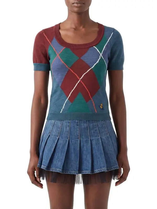 VIVIENNE WESTWOOD Argyle Wool Blend Knit Top With Square Neck - Blue