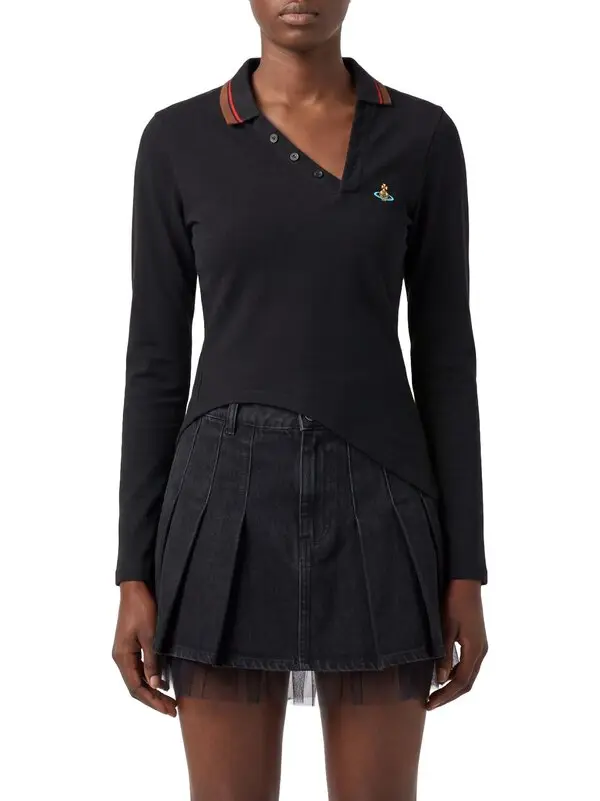 VIVIENNE WESTWOOD Asymmetrical Long-sleeved Cotton Polo With Orb Logo - Black
