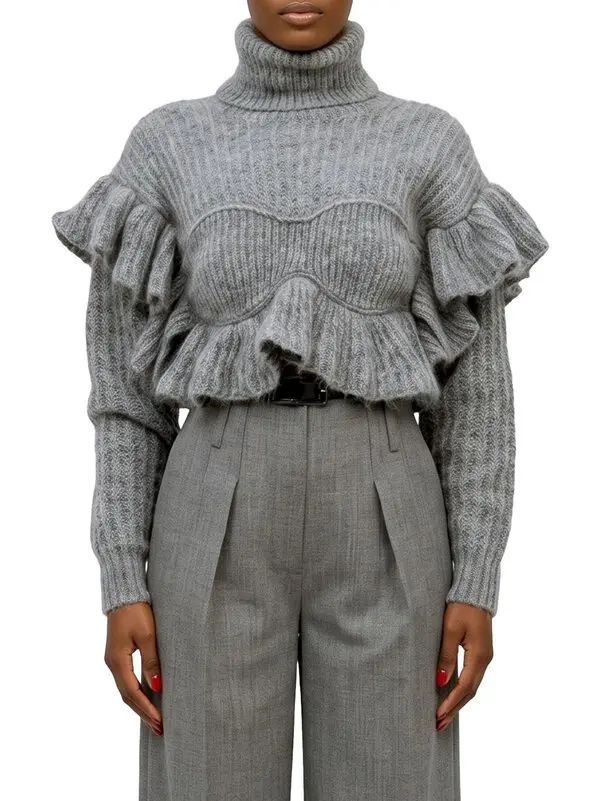 Elisabetta Franchi Ruffle-detail Mohair Blend Turtleneck Sweater - Grey
