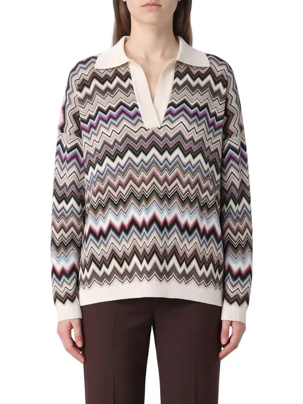 Missoni Long-sleeved Knitted Polo Shirt With Zig Zag Pattern - Navy