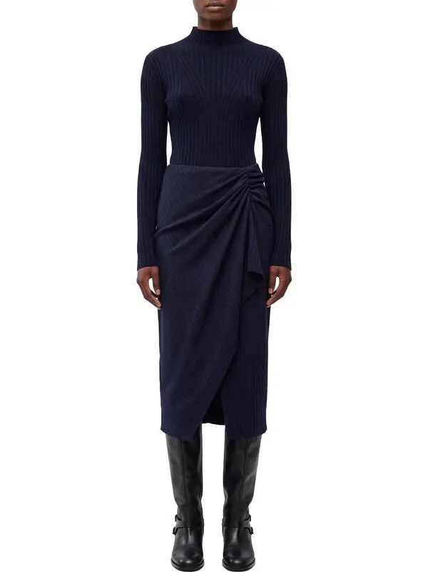 Pinko Pinstriped Knit Midi Dress With High Neck And Ruched Waist - Blue