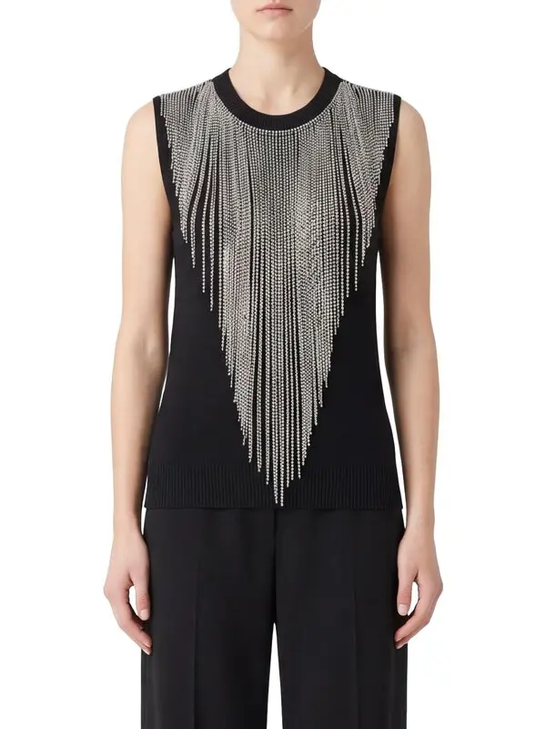 Sportmax Sleeveless Virgin Wool Evening Top With Jeweled Fringes - Black