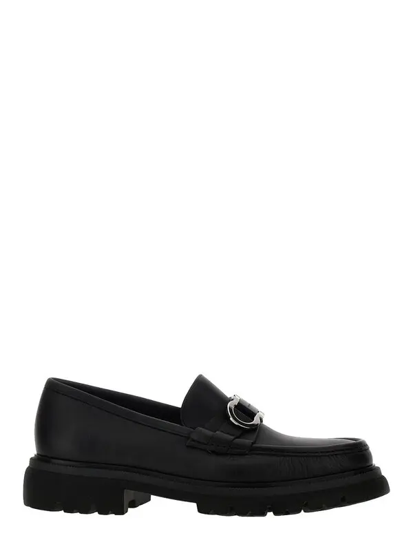 FERRAGAMO Calfskin Leather Penny Loafers With Metal Gancini Logo - Black