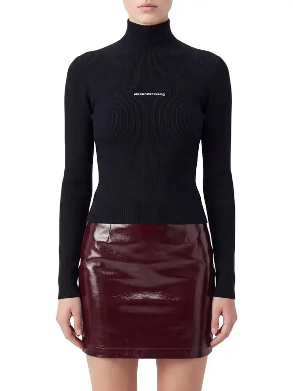 Alexander Wang Ribbed Jersey Long-sleeve Turtleneck Top With Logo - Black