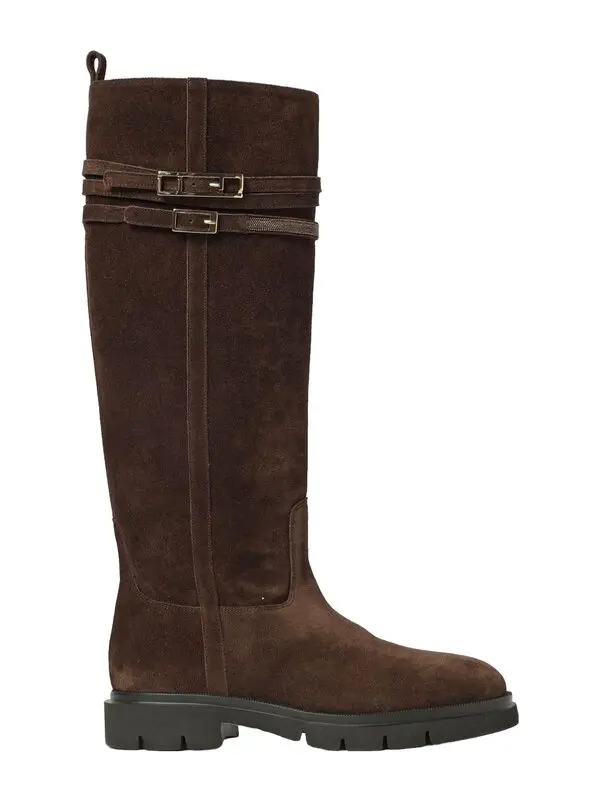 Fabiana Filippi Suede Leather Knee-high Boots With Lug Sole And Round Toe - Ebony