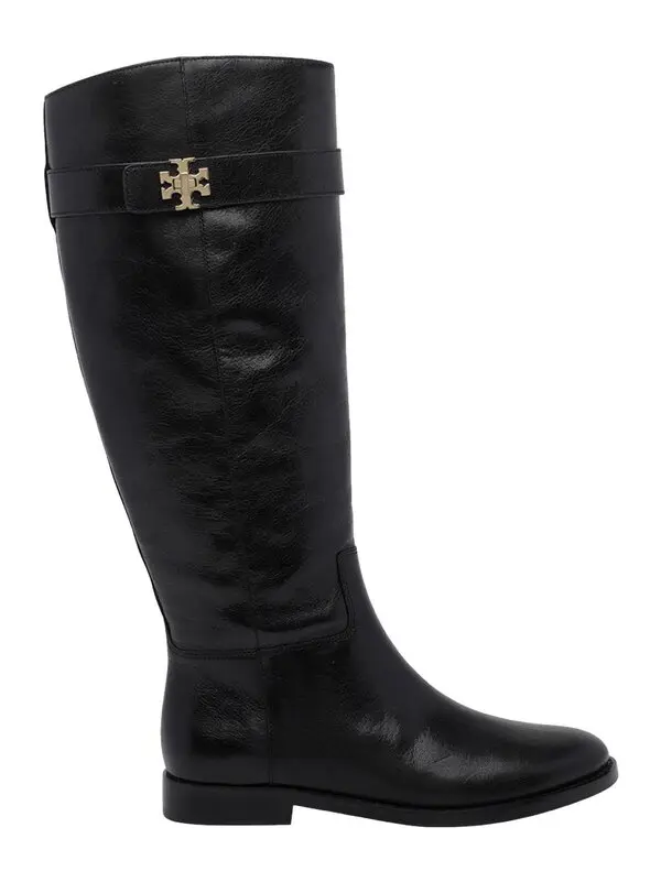 Tory Burch Double T Knee-high Western Boots In Calfskin Leather - Black
