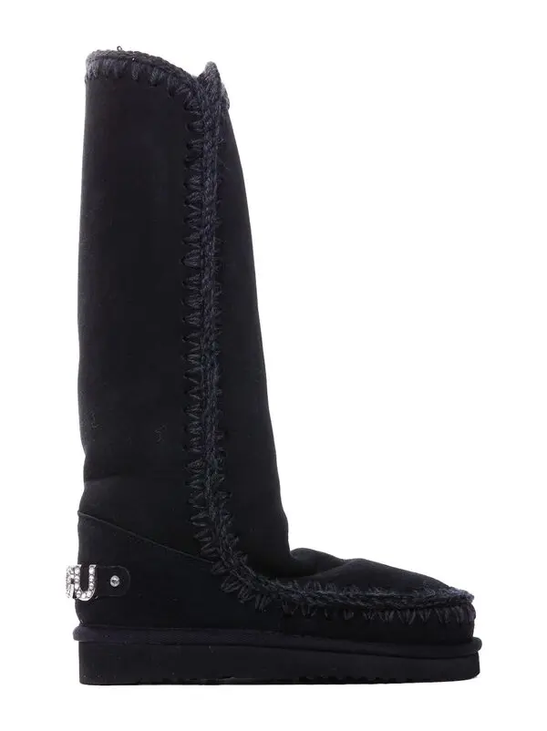 Mou Eskimo Calf-height Suede Boots With Rhinestone Logo - Black