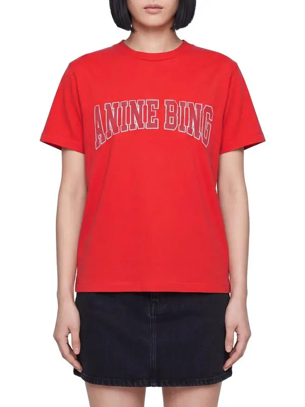 ANINE BING Cotton Crewneck T-shirt With Contrasting Logo And Short Sleeves - Red