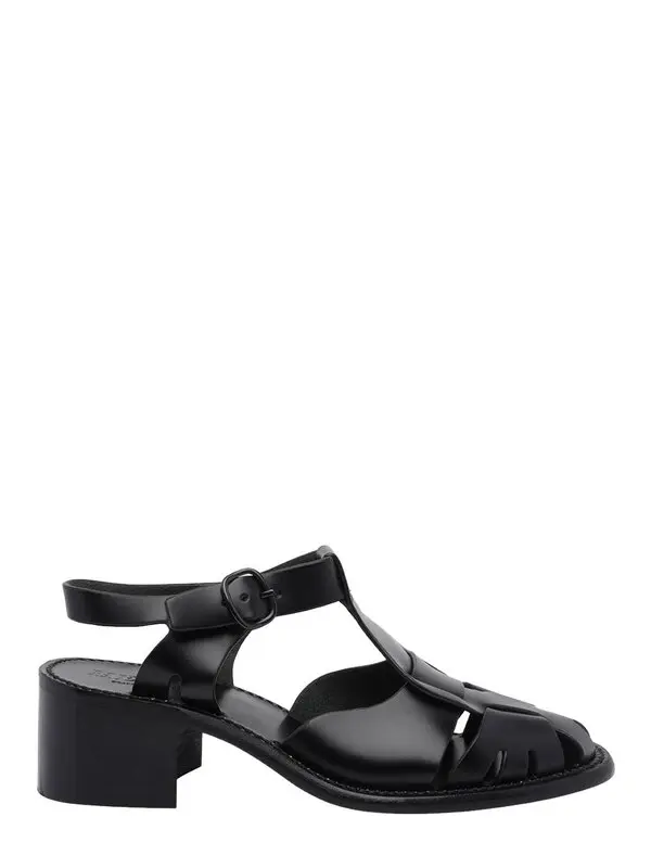 Hereu Pesca Perforated Calfskin Sandals With Medium Heel And Ankle Strap - Black
