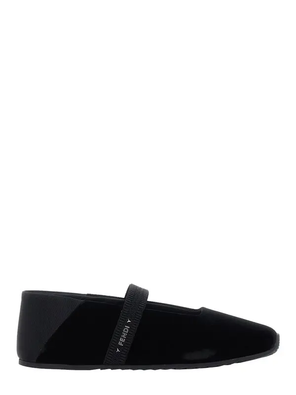 Fendi Academia Velvet Mary Jane Ballet Flats With Metal Logo - Black