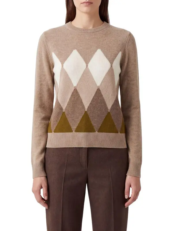 BALLANTYNE Argyle Pattern 100% Cashmere Crewneck Sweater - Beige