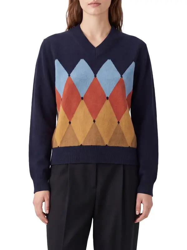 BALLANTYNE Argyle Pattern 100% Cashmere V-neck Sweater - Blue
