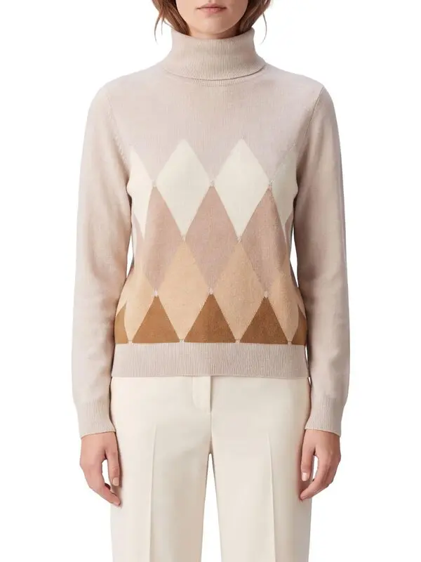 BALLANTYNE Argyle Pattern 100% Cashmere Turtleneck Sweater - Beige