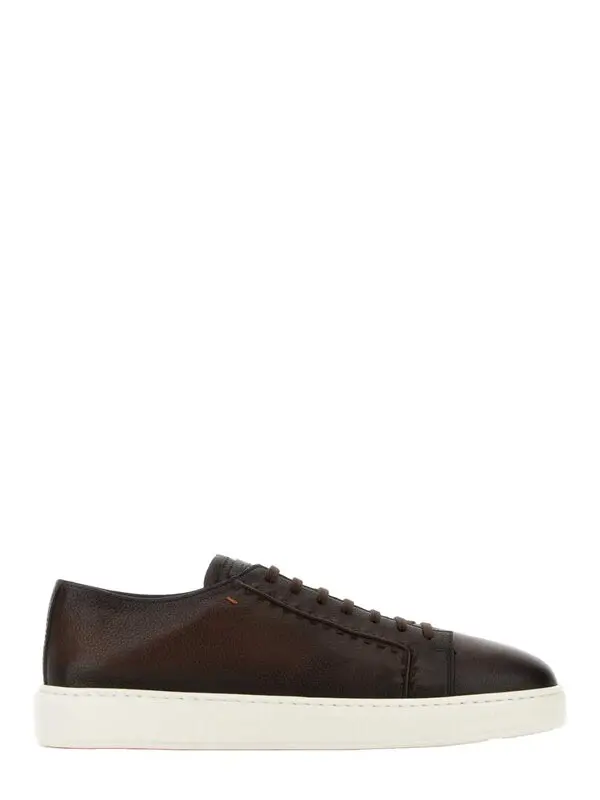 Santoni Grained Leather Low-top Sneakers With Embossed Logo - Brown