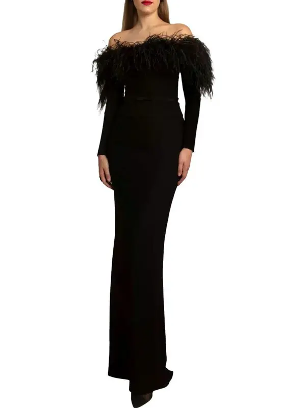 GEMY MAALOUF Feather-trim Off-shoulder Top - Black