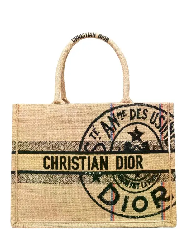 Dior 2022 Medium Jute Embroidered Book Tote Bag - Neutrals