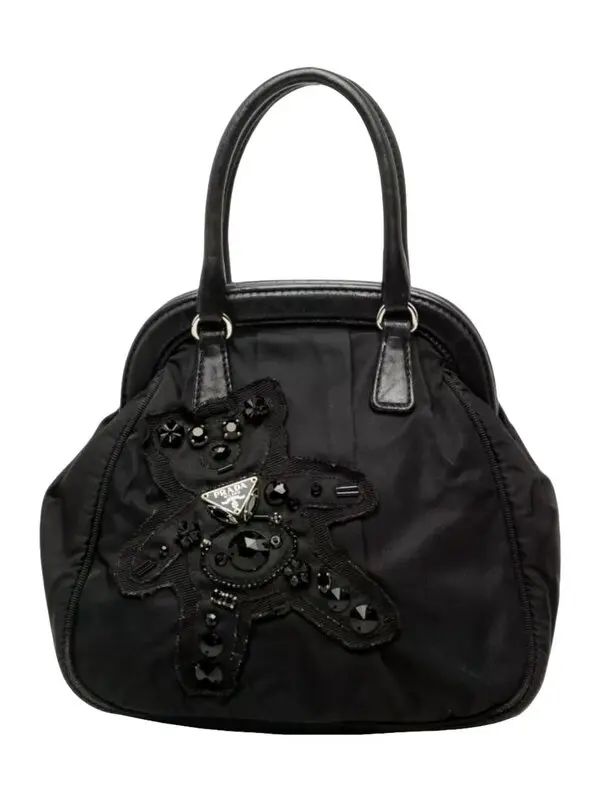 Prada 2000-2013 Beaded Tessuto Evening Bear Frame Handbag - Black