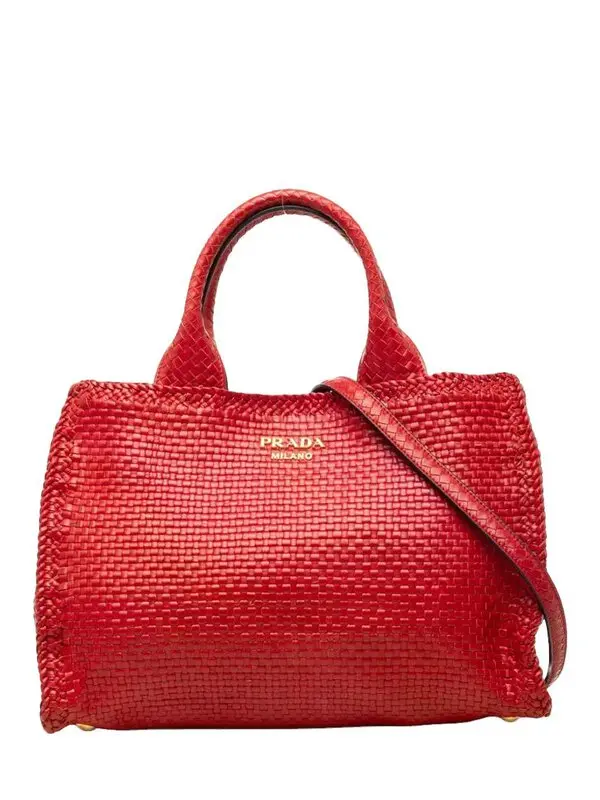 Prada 2010-2026 Small Woven Goatskin Madras Satchel - Red
