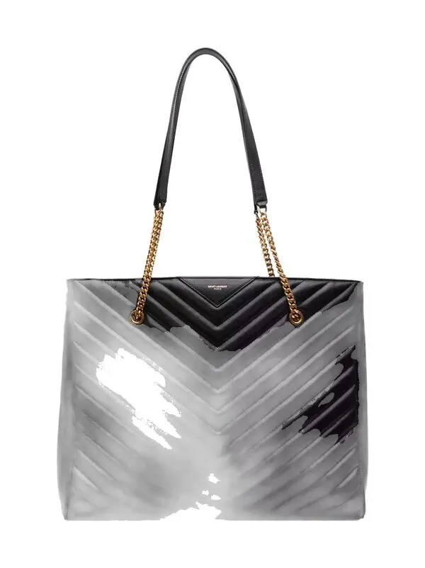 Saint Laurent 2019 Large Chevron Grain De Poudre Tribeca Shopping Tote Bag - Black