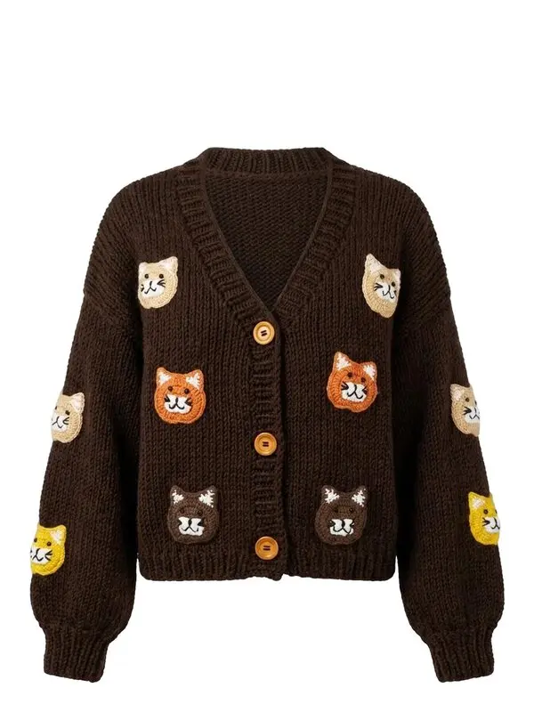 ANA CHIC Cat Motif Handmade Knitted Cardigan In Chocolate - Brown