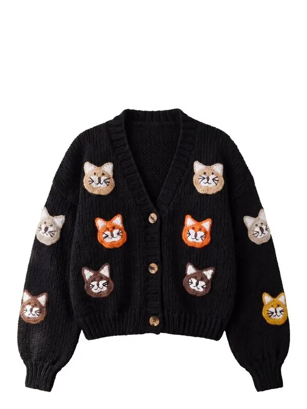 ANA CHIC Cat Motif Handmade Knitted Cardigan - Black