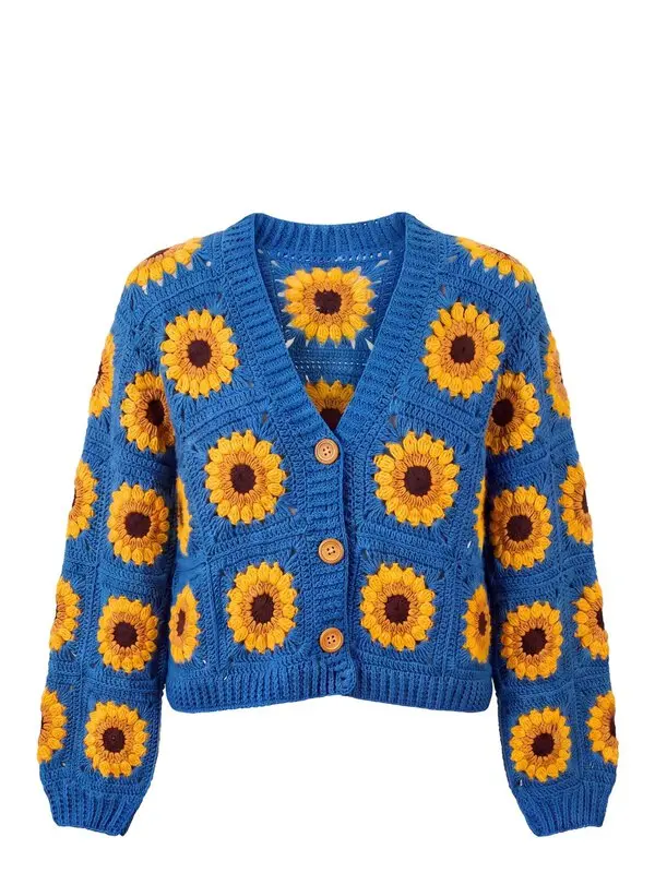 ANA CHIC Sunflower Handmade Crochet Cropped Cardigan - Blue