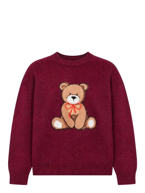 YUMI Burgundy Teddy Bear Relaxed Jumper - Red