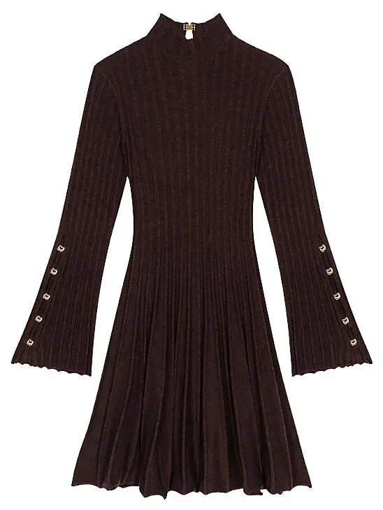 Maje Pleated High-neck Stretch-knit Mini Dress - Dark Brown