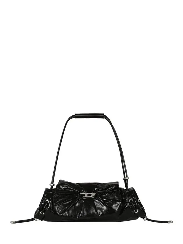 DIESEL® Scrunch-d Ruched Leather Shoulder Bag With Metal Oval D Logo - Black