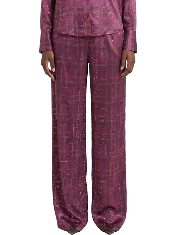 Ermanno Scervino Check Silk Palazzo Trousers With Rhinestone Applications - Burgundy