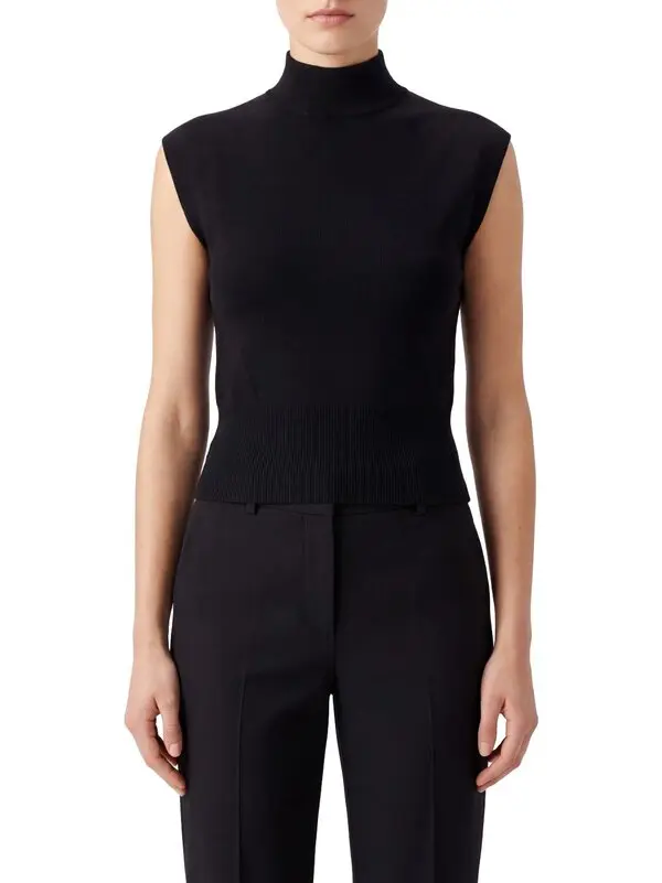 SEMICOUTURE Slim Fit Wool And Cashmere Blend Sleeveless Mock Neck Top - Black