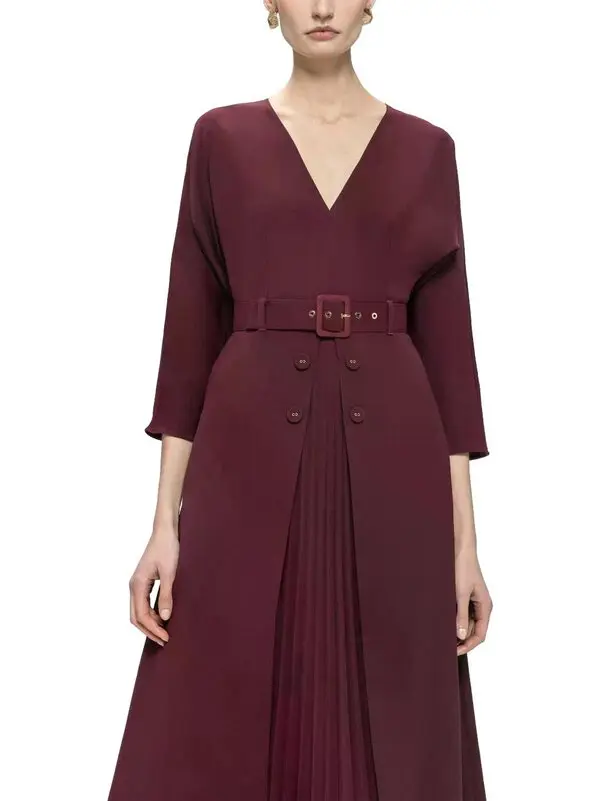NISSA Belted Pleated Midi Dress - Red
