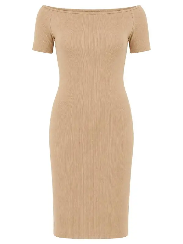 CONQUISTA Bardot Ribbed Bodycon Dress - Brown