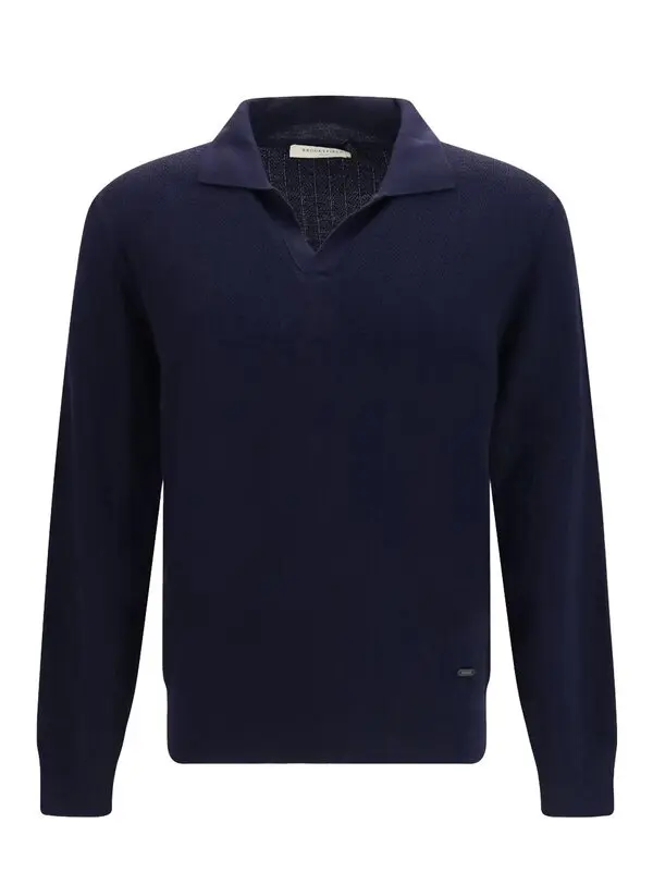 BROOKSFIELD Long-sleeved V-neck Wool Polo Shirt With Ribbed Trims - Navy