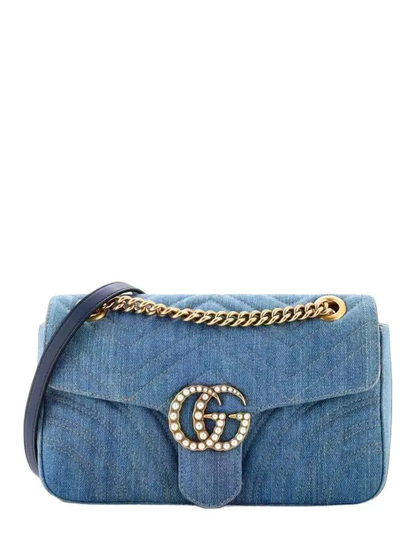Gucci Pearly Gg Marmont Flap Bag Matelasse Denim Small Shoulder Bag - Blue