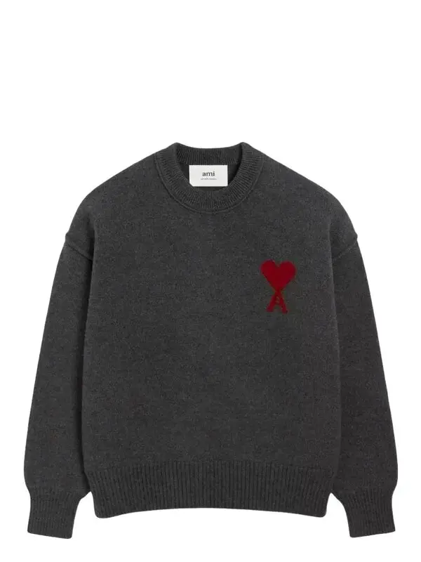 AMI Paris Crewneck Wool Sweater With De Coeur - Grey