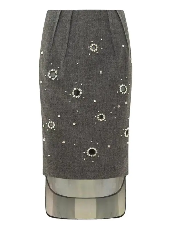 DES_PHEMMES Crystal-embellished Layered Pencil Midi Skirt - Grey
