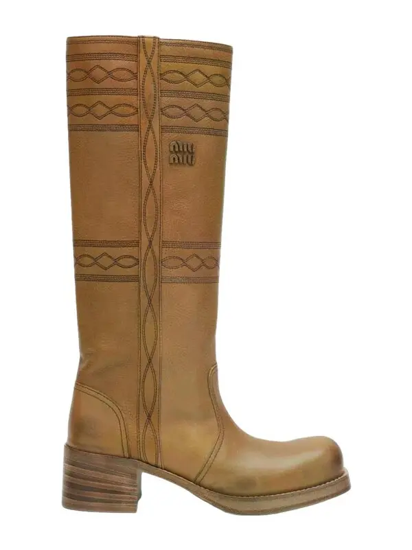 Miu Miu Embroidered Leather Boots - Brown