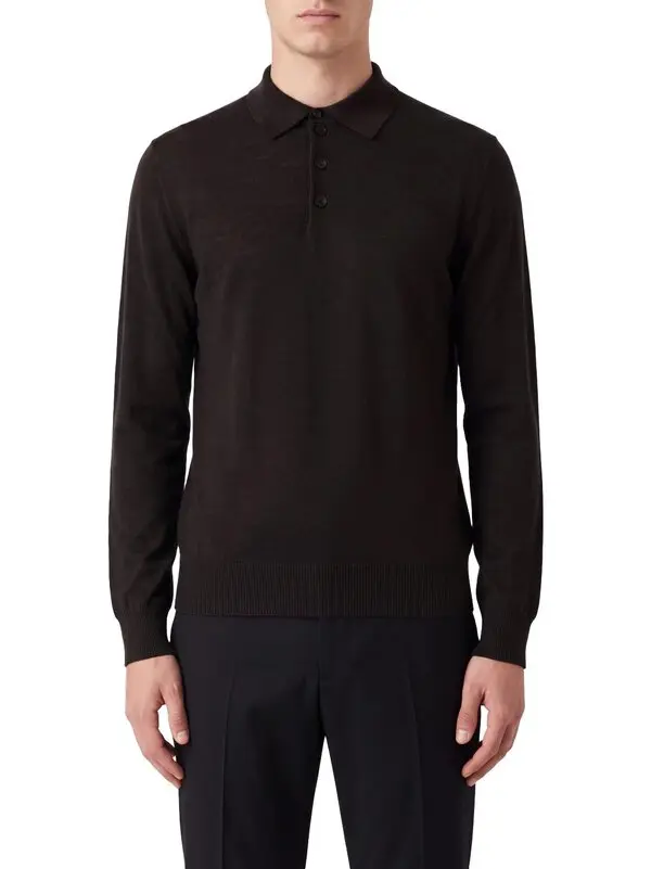 Emporio Armani Long-sleeved Virgin Wool Knit Polo Shirt With Three-button Placket - Brown