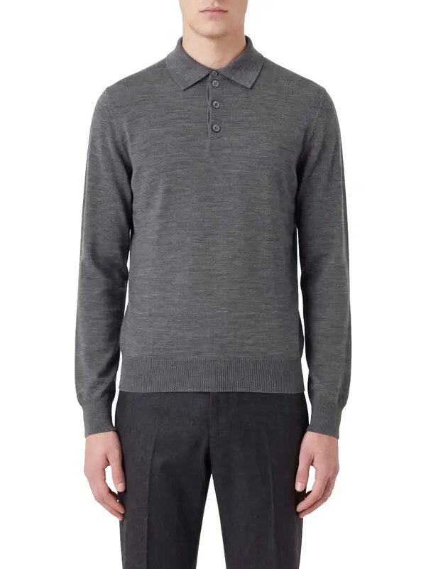 Emporio Armani Long-sleeved Virgin Wool Knit Polo Shirt With Three-button Placket - Grey