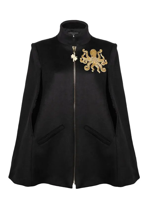 LAINES LONDON Laines Couture Wool Blend Zip Cape With Embellished Octopus Brooch - Black
