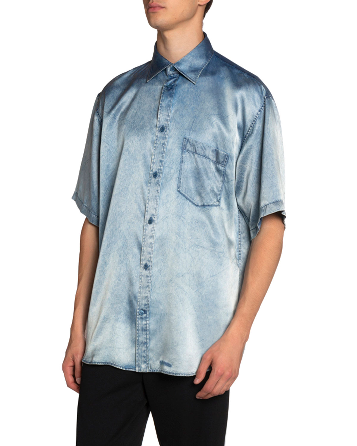 Balenciaga Oversized Denim-Print Satin Sport Shirt In Indigo - 75 