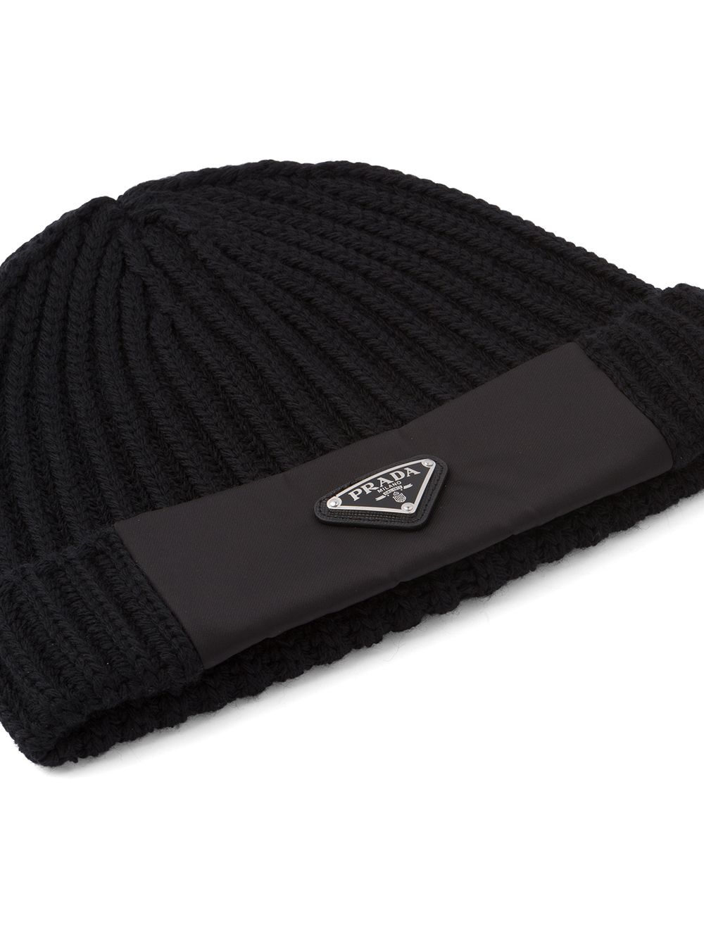 AUTHENTIC PRADA UNISEX TRIANGLE-LOGO WOOL BEANIE, OS, BLACK Prada Triangle-Logo Knitted Beanie In Black | Editorialist main image 2
