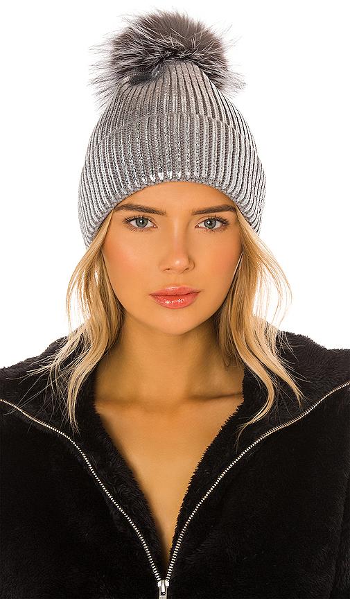 New - ADRIENNE LANDAU Fox Fur Pom-Pom Metallic Beanie Silver Hat New - ADRIENNE LANDAU Fox Fur Pom-Pom Metallic Beanie Silver Hat main image 3