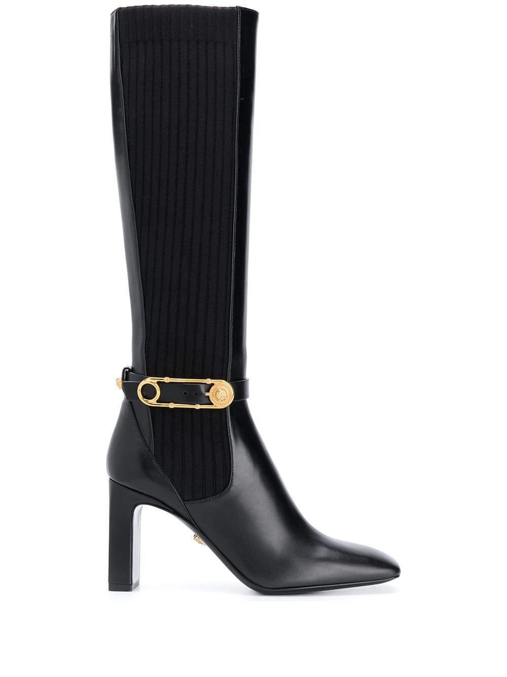 Versace Safety Pin Knee-High Boots In Black 50% Off Editorialist