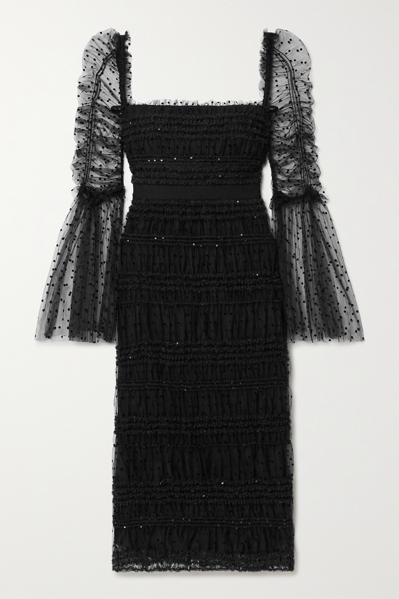 Self-Portrait Ruched Sequin-Embellished Polka-Dot Flocked Tulle Midi Dress - Black