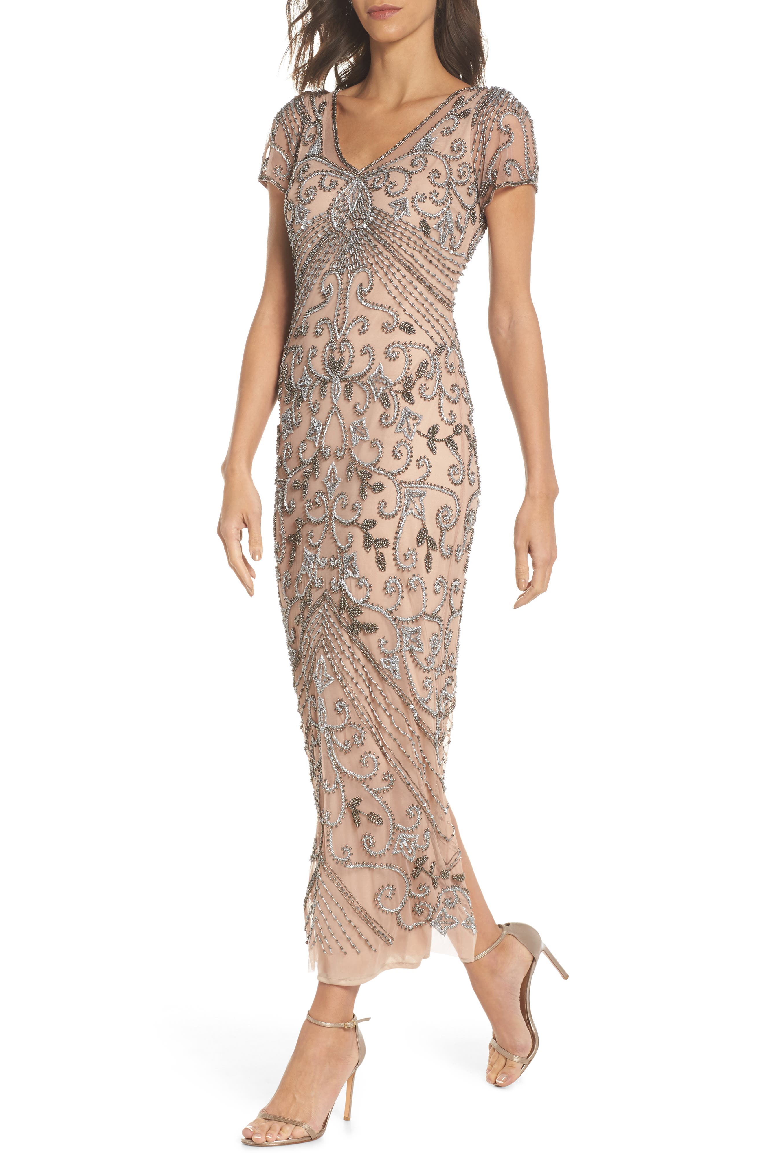 Beaded mesh column gown Clearance
