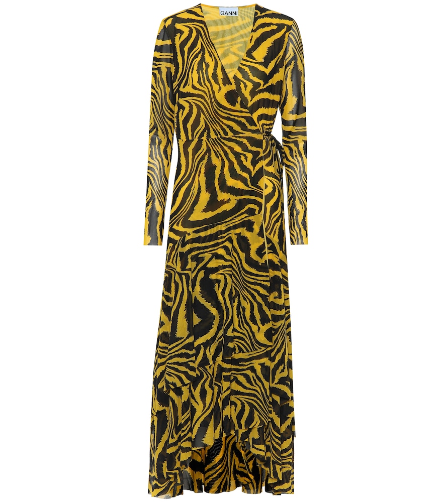 Ganni Animal-Print Mesh Wrap Dress In Yellow 60% Off Editorialist