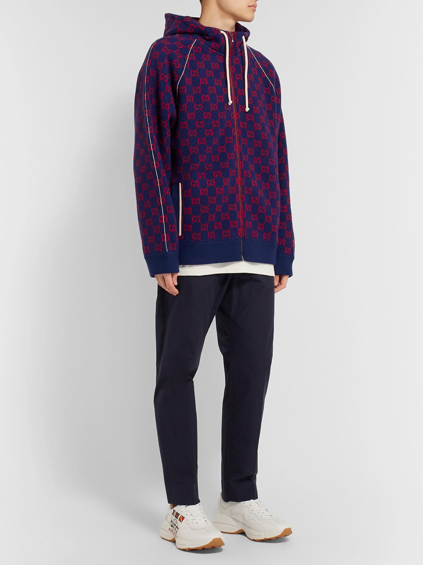 Gg Jacquard Gucci Hoodie Blau Gucci Logo-Jacquard Wool And