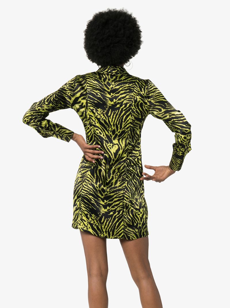 ganni green zebra dress Ganni Silk Stretch Satin Tiger Wrap Dress In Lime Tiger